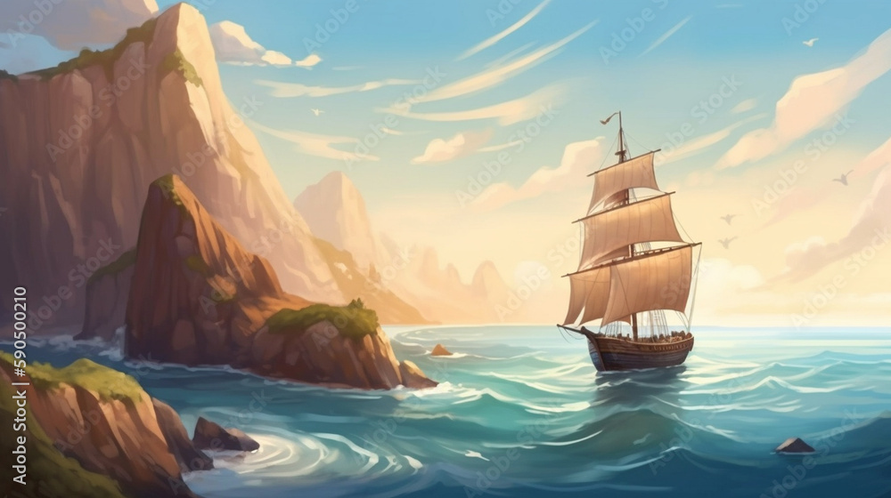 Generate a description of a beautiful ocean shore with a sailing ship ...