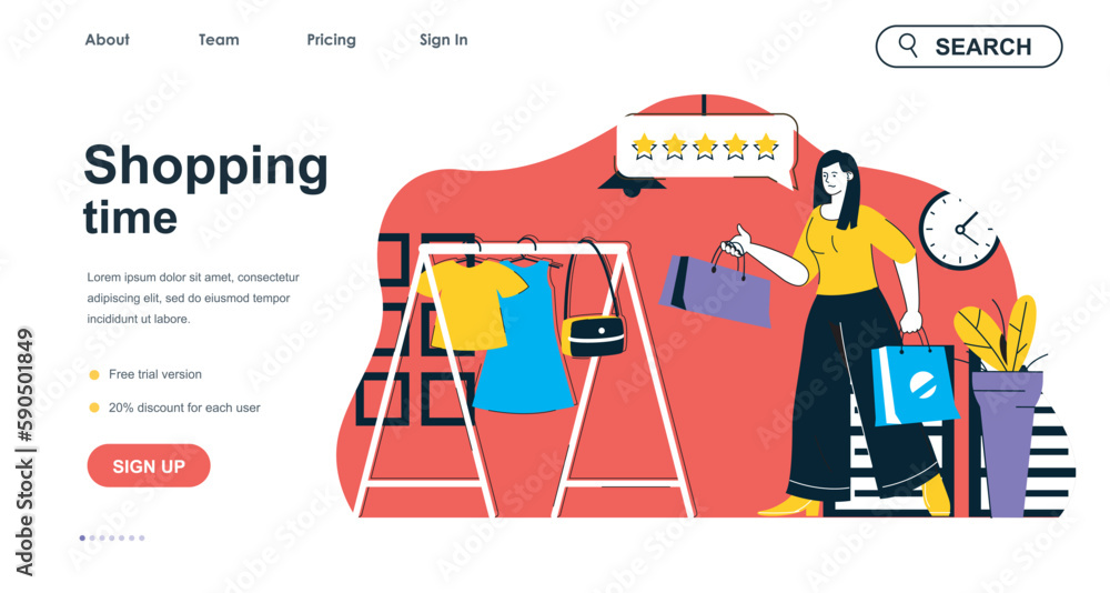 Shopping time concept for landing page template. Woman buys new clothes ...