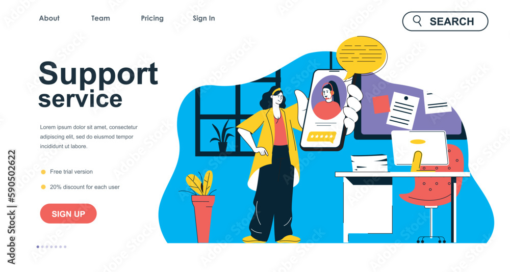 Support service concept for landing page template. Woman talking ...