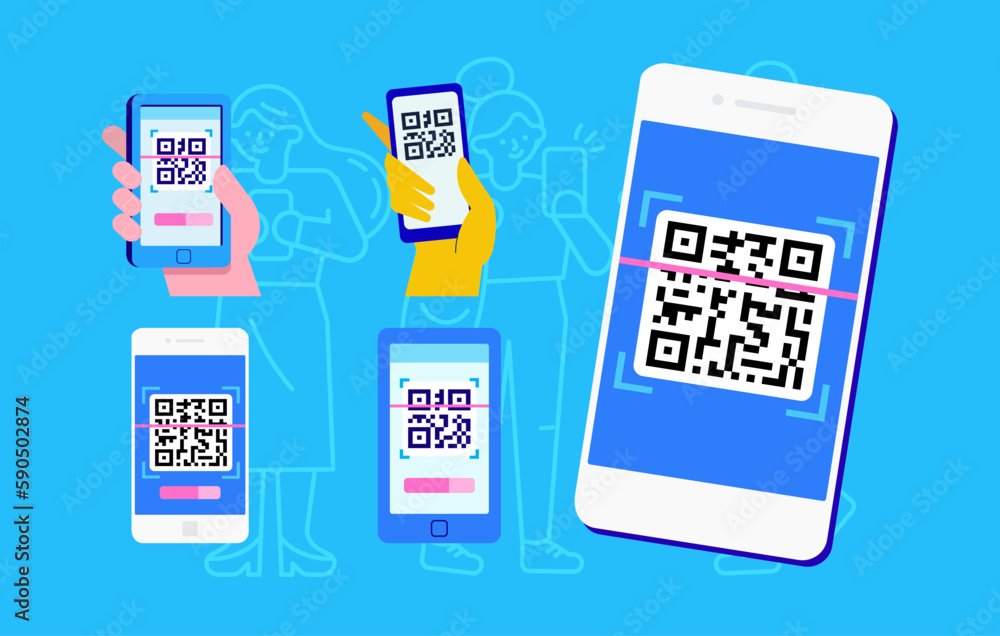 Capture qr code on mobile phone. Hand holding phone with Qr code. Flat ...