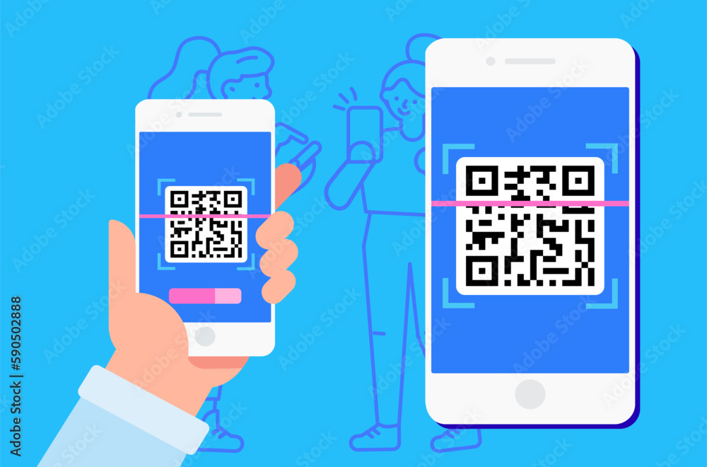 Vetor de Capture qr code on mobile phone. Hand holding phone with Qr ...