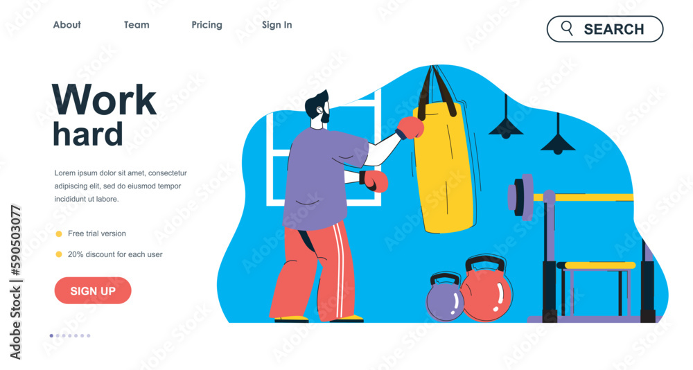 Work hard concept for landing page template. Man boxing and exercising ...