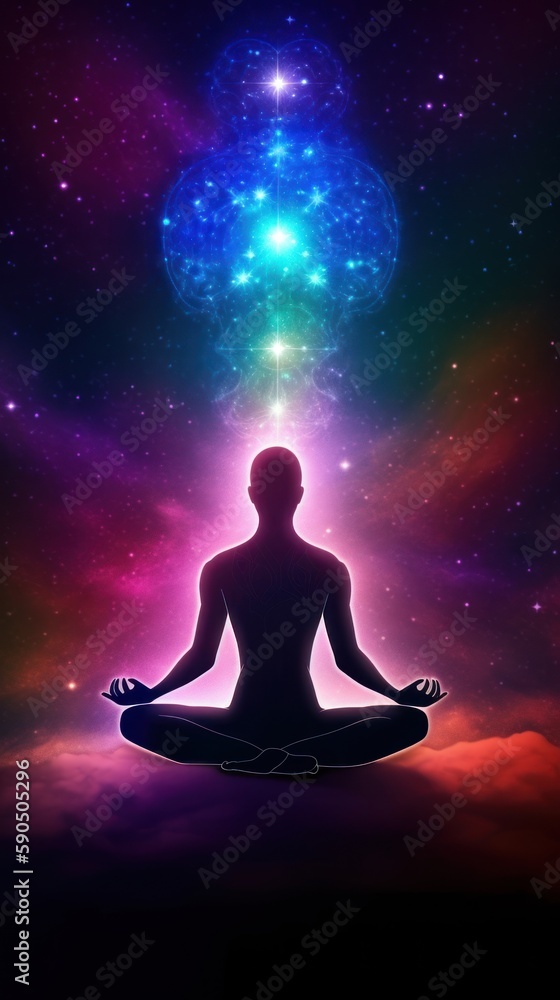 Meditating human silhouette in yoga pose. Galaxy universe background ...
