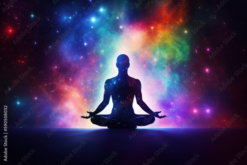 Meditating human silhouette in yoga pose. Galaxy universe background ...