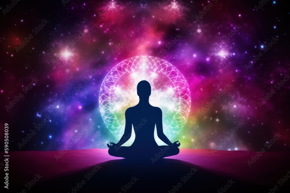 Meditating human silhouette in yoga pose. Galaxy universe background ...