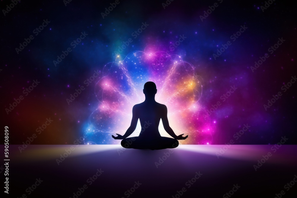 Meditating human silhouette in yoga pose. Galaxy universe background ...