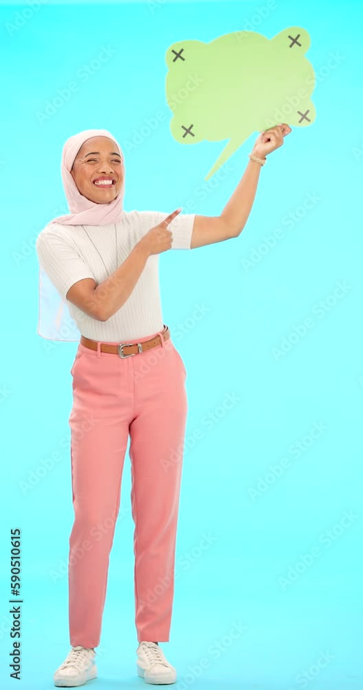 Pointing, speech bubble and Muslim woman smile in studio for social media and product placement ...