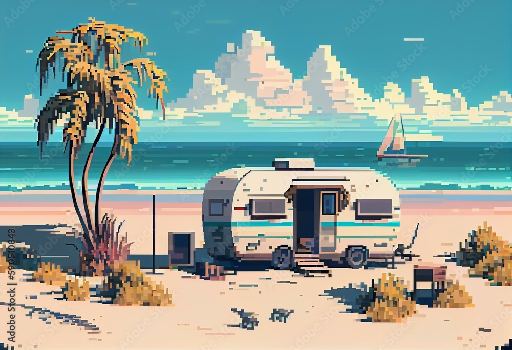 16-bit pixel art style illustration of a beach landscape with a trailer ...