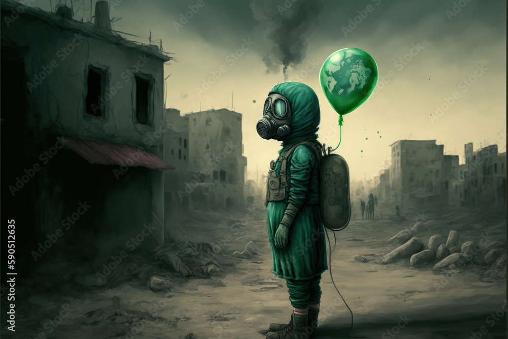 A young girl with a gas mask clutches a balloon in a post-apocalyptic ...