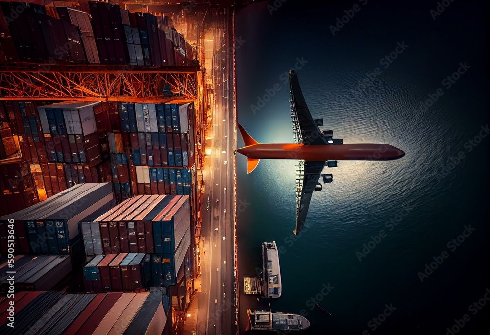 A freight plane flies over a port with shipping containers, used for ...