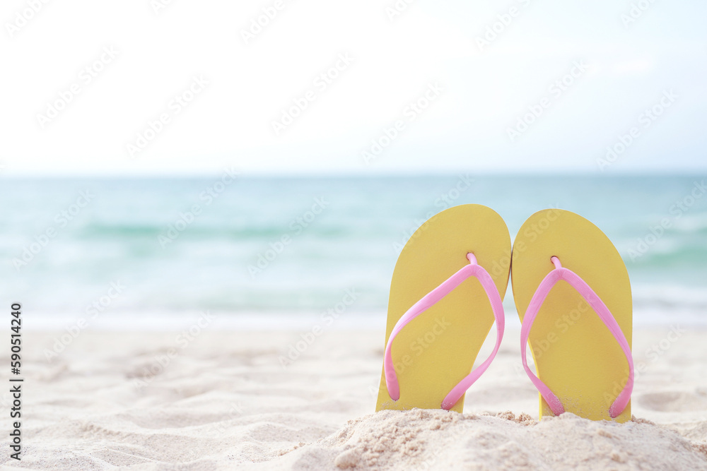 sea on the beach Footprint people on the sand and slipper of feet in ...