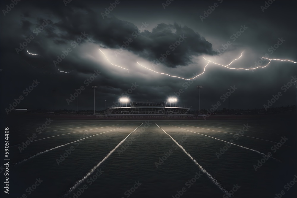 grass sports field at night large stadium lights dark colorful stormy ...