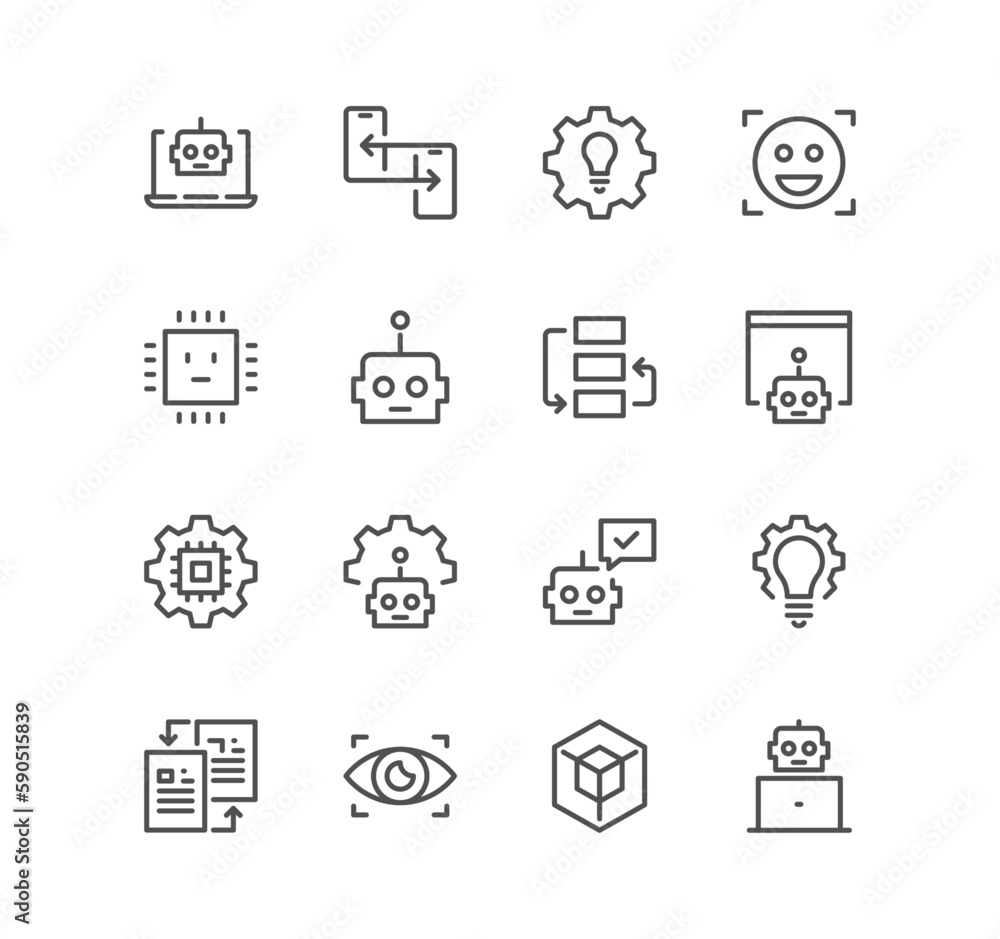 Set of artificial intelligence related icons, algorithm, self learning ...