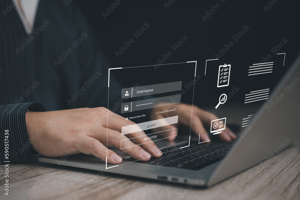 cybersecurity or internet access security concept : Business man use ...