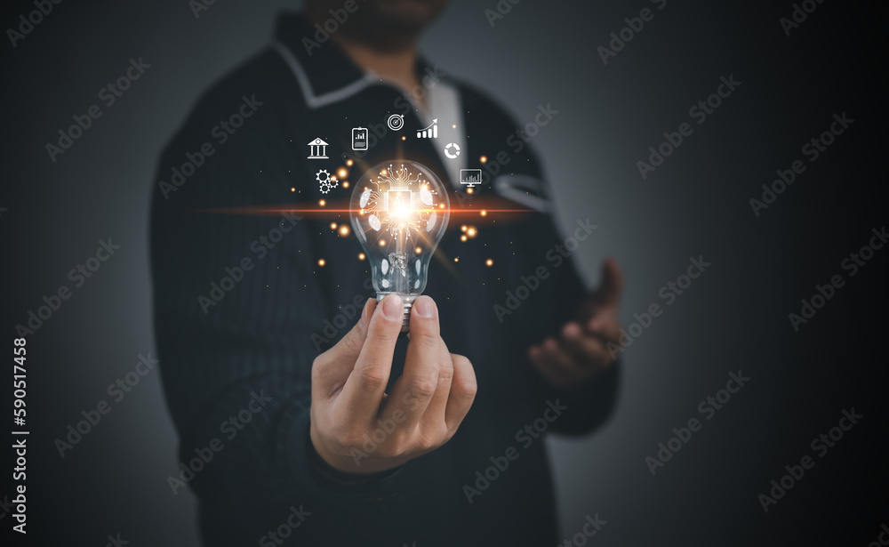 Innovation. Hands holding light bulb Concept idea form ai technology ...