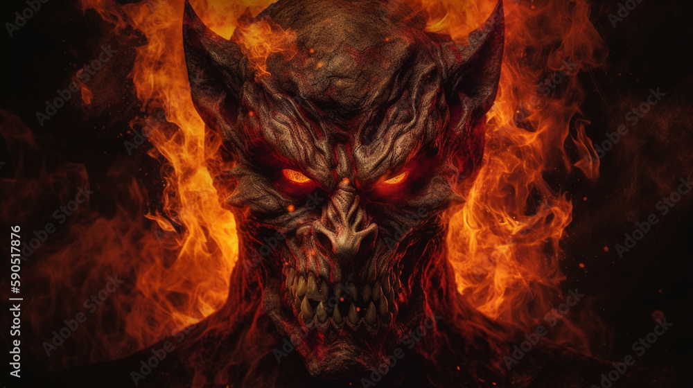 Devil in hell. Scary monster with horns on a background of fire ai ...