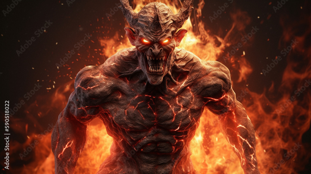 Devil in hell. Scary monster with horns on a background of fire ai ...