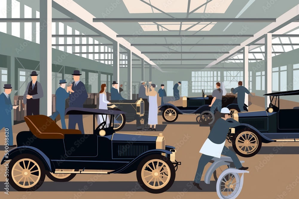 Flat illustration of Henry Ford's assembly line, with workers producing ...