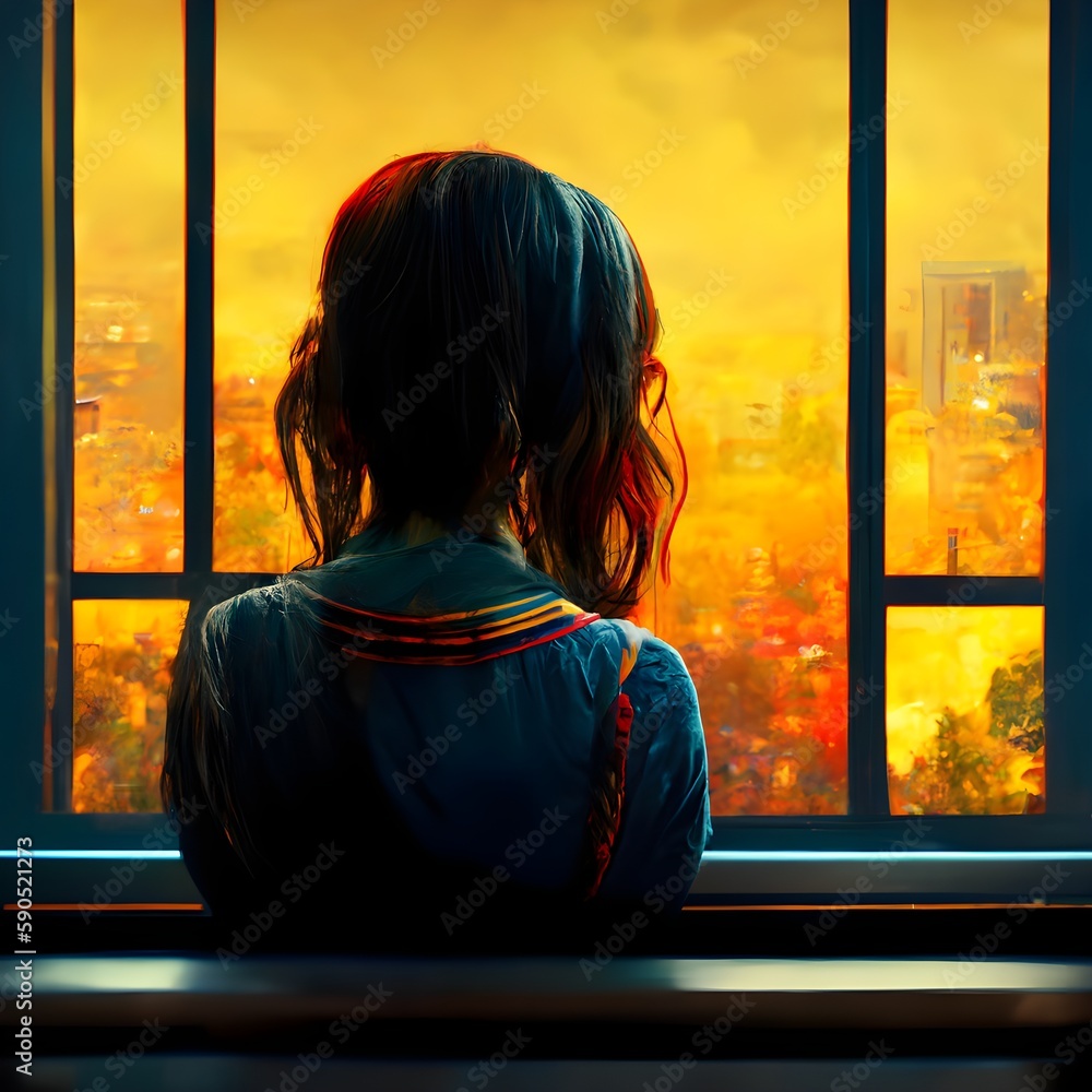 ภาพประกอบสต็อก environment long shot evil looking girl sits at the ...