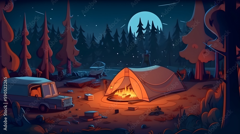 camping scene in cartoon style, night time, with campfire, tent, car ...