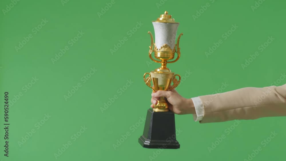 Close Up Of Business Woman'S Hand Holding A Gold Trophy To Her Side ...