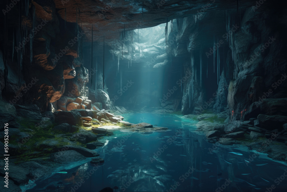 Light inside beautiful mysterious grotto with secret lagoon, created ...