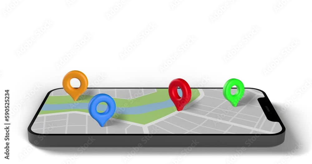 Location pointer falling on smartphone map screen, side view. Mobile ...