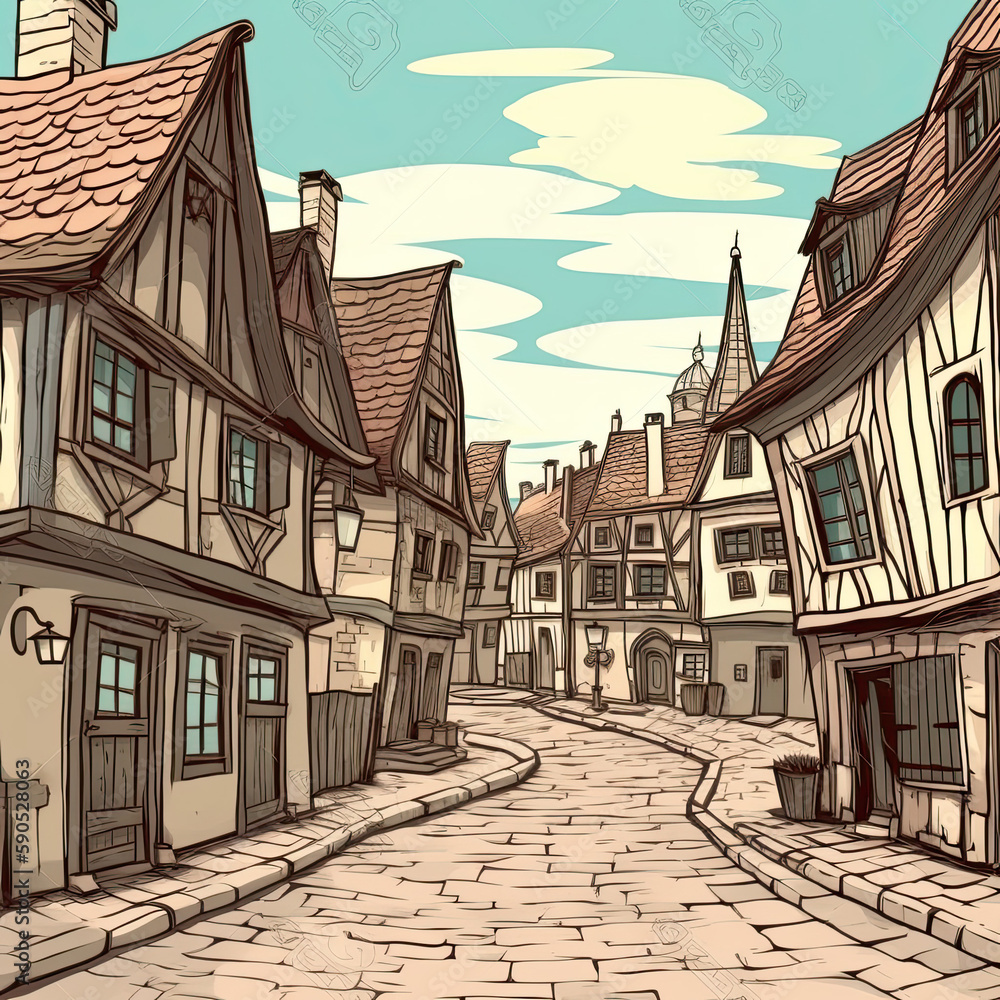 streetview of a medieval town in cartoon style, generative ai Stock ...