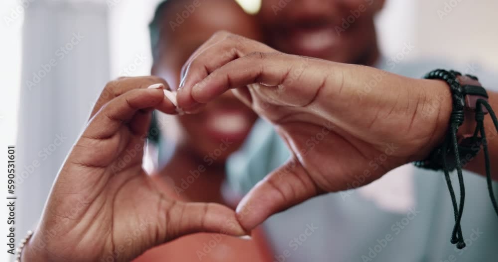 Couple, heart and hands in home of love, date and commitment of happy ...
