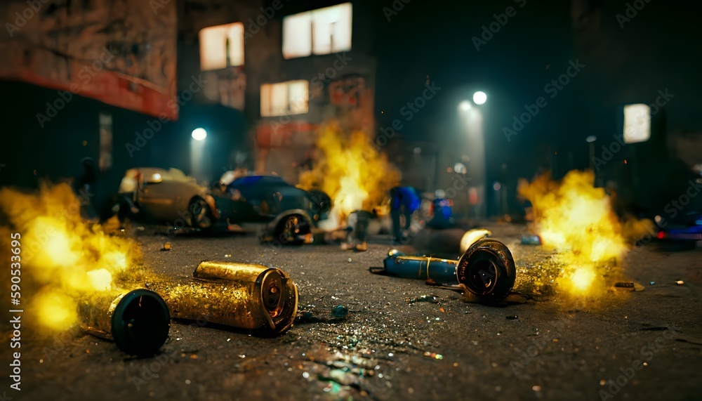 street gang war scene with heavy gun shells on the floor ghetto hood ...