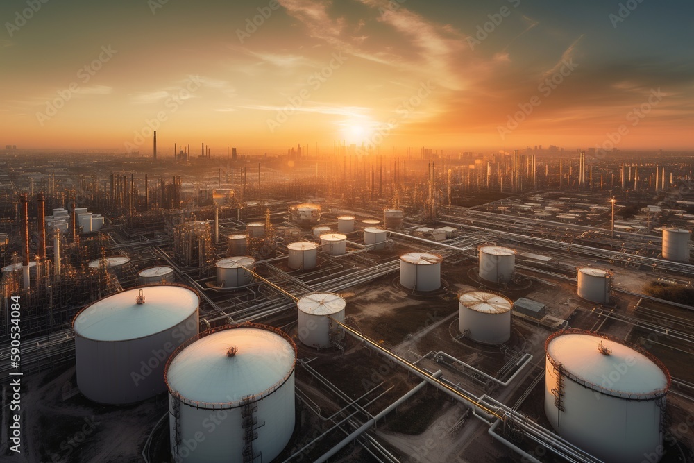 Expansive oil refinery and chemical plant with power plant, storage ...