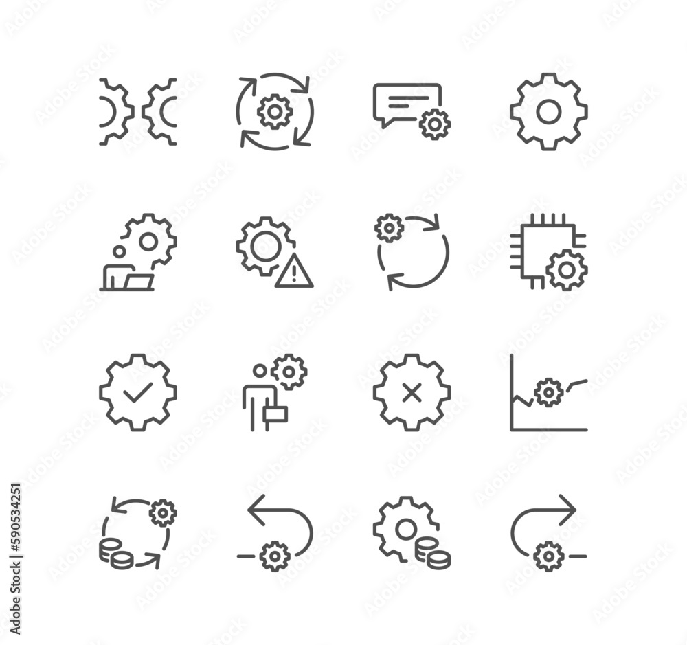 Set of gear related icons, engineering, process, settings and linear ...