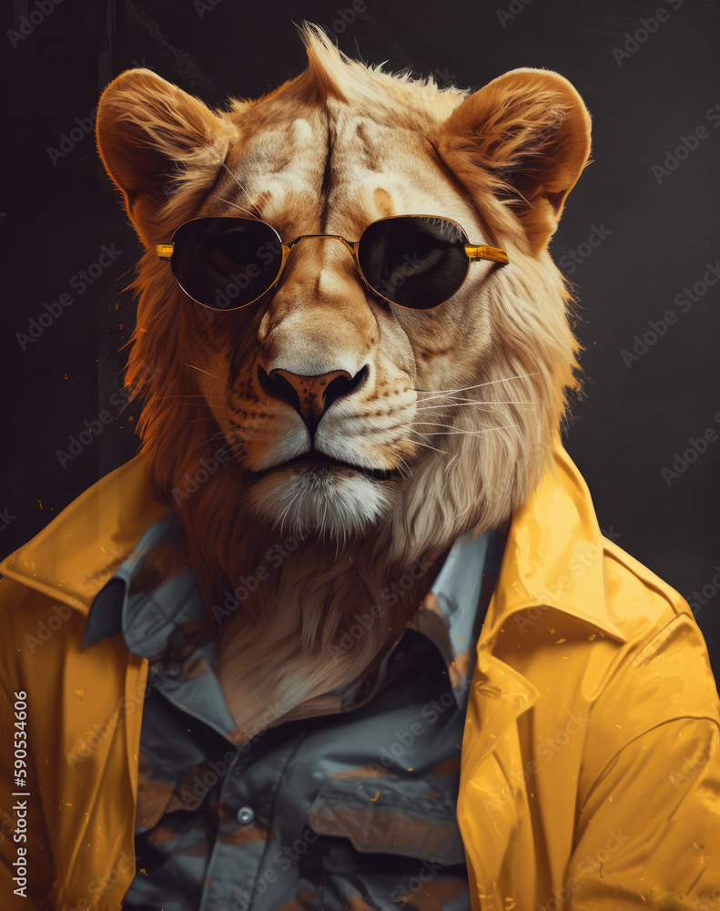 portrait of a cool lion with sunglasses dressed in a shirt and a yellow ...