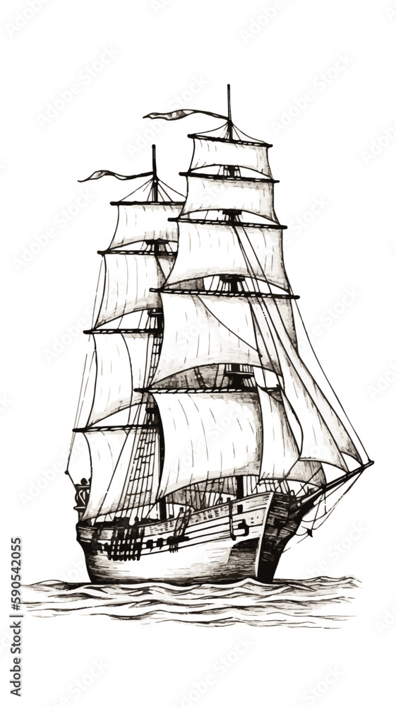 Vintage Ship Drawing Hand Drawn Vector Editable Stock Vector | Adobe Stock