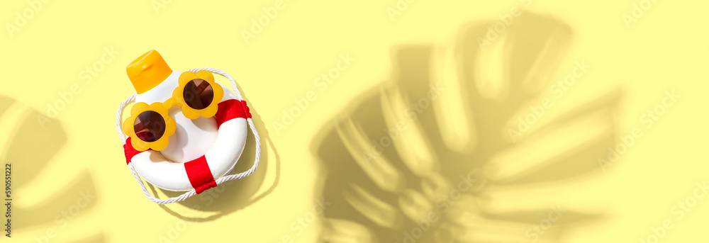 Summer sunblock sunscreen skincare theme with liferaft and tropical ...