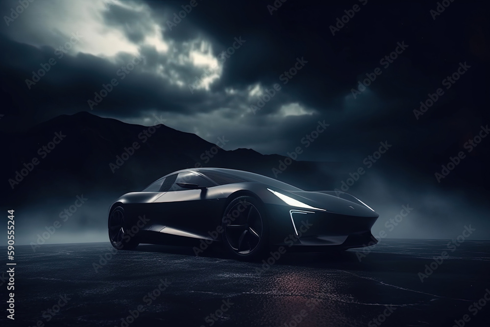 High-speed futuristic sports car in a cloudy, dramatic setting Stock ...