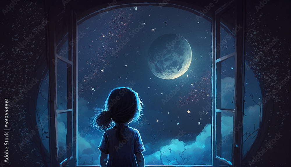 ภาพประกอบสต็อก Young Girl Gazing at Starry Night Sky Through Window ภาพ ...