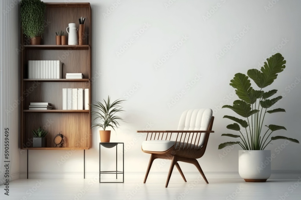 white room with a plant, chair and brown woden book shelf on wall ...