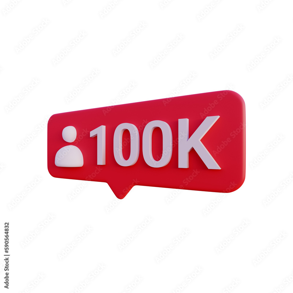 Social media 100k follow icon notification 3d render isolated side view ...