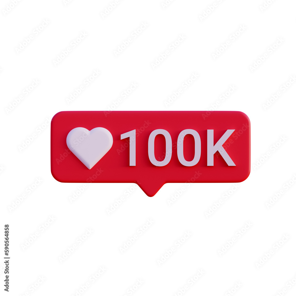 Social media 100K like love icon notification 3d render isolated front ...