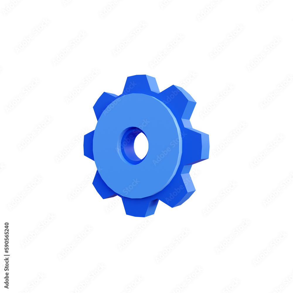 Blue single gear setting icon 3d render isolated side view PNG ...