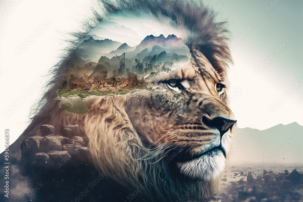 Modern design male lion with double exposure background of african ...