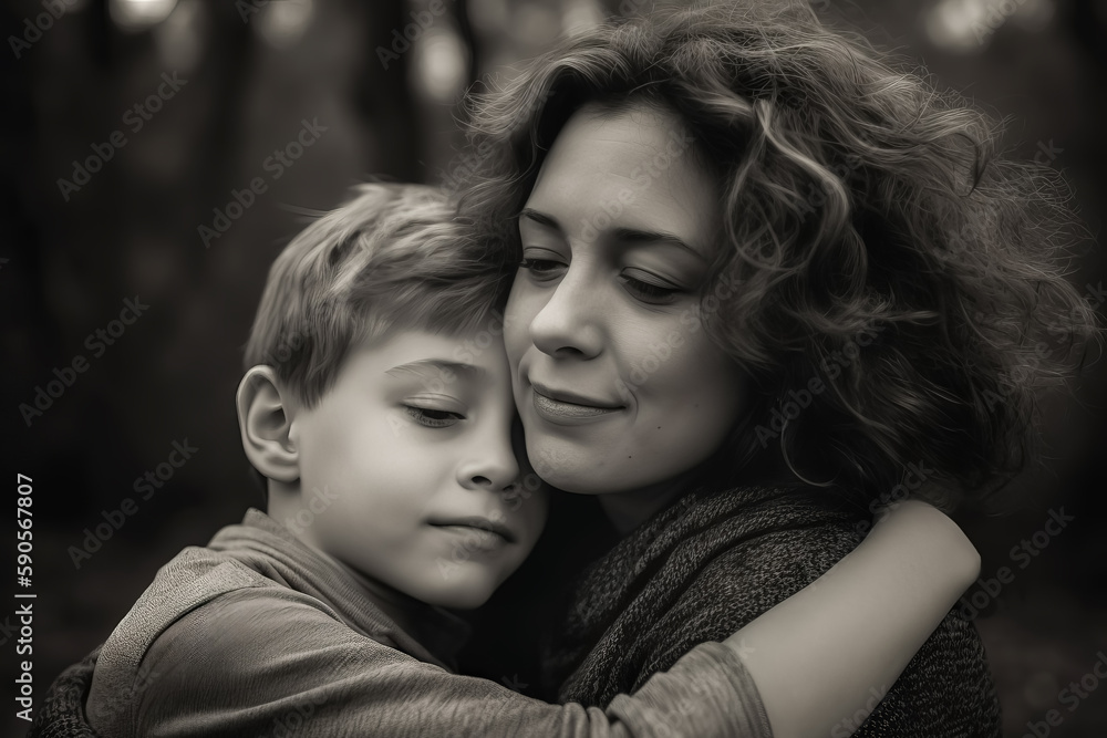 MADRE ABRAZANDO A SU HIJO AL AIRE LIBRE. ILUSTRACION. COLOR. IA GENERATIVA. HORIZONTAL ...