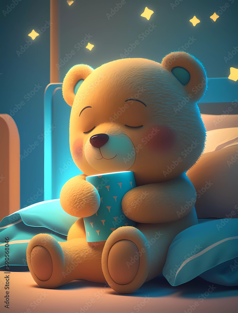 Cute Teddy Bear sleeping in Bed at night cartoon , brown bear in ...