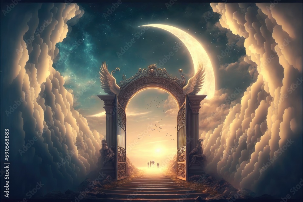 Heaven fantasy gate with bird's wing in the colorful skyline. Concept ...