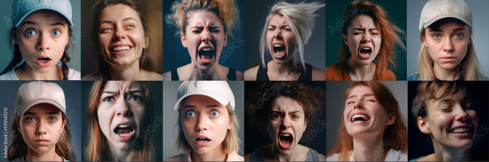 A collage of portraits of women with emotions on their faces. A large ...