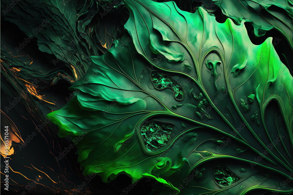 Closeup macro texture of luxurious green leaf in wondrous fantasy ...