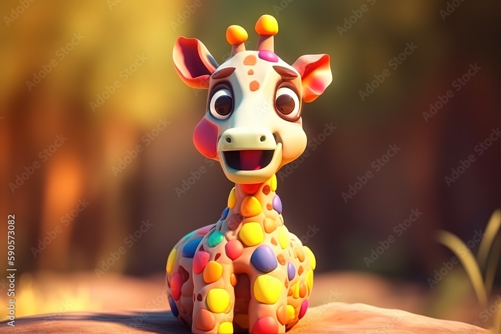 Cute small giraffe contrast colored sitting smiling. Adorable baby ...