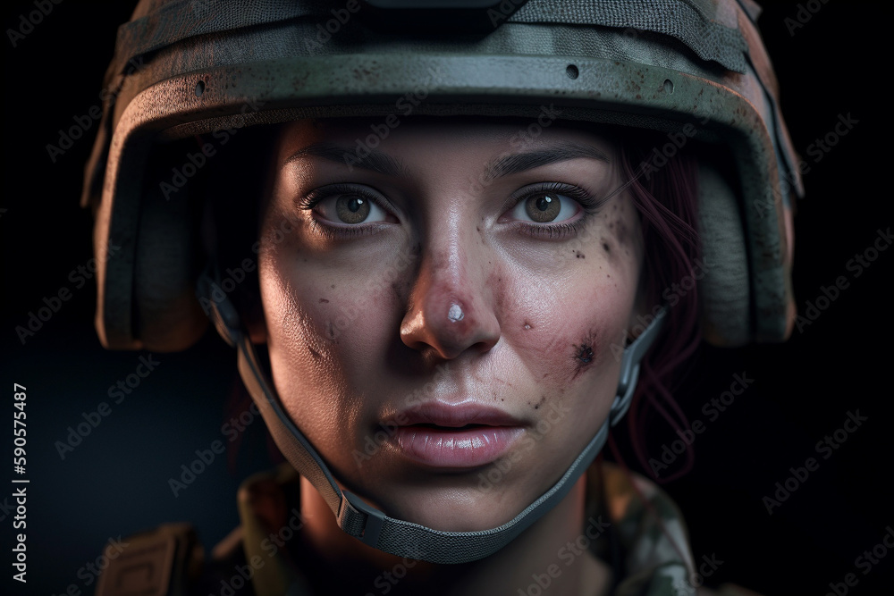 Female military soldier wearing combat helmet and fatigues. Bruises and ...