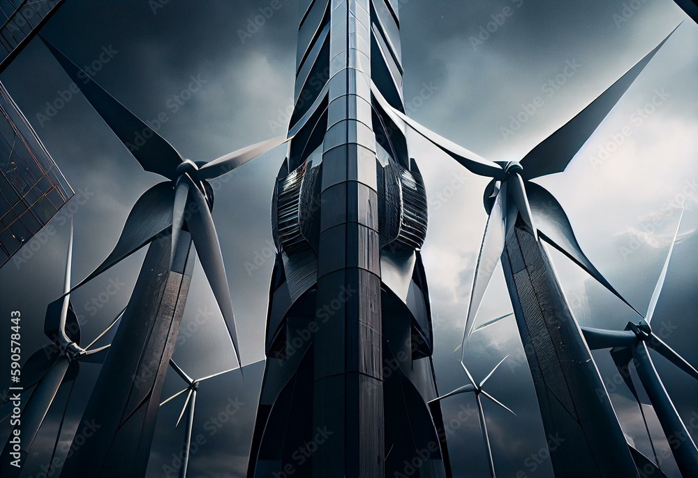 Tall structures with rotating blades, used to generate power from wind ...